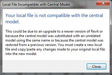 "Your local file is not compatible with the central model..." when opening a cloud workshared ...