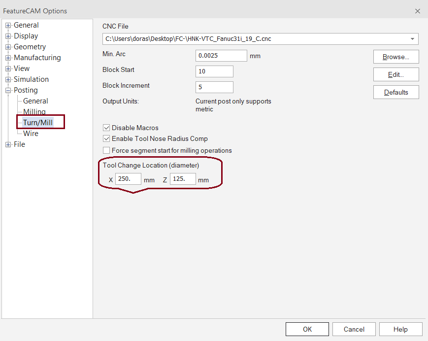 How to move tool change location in FeatureCAM simulation
