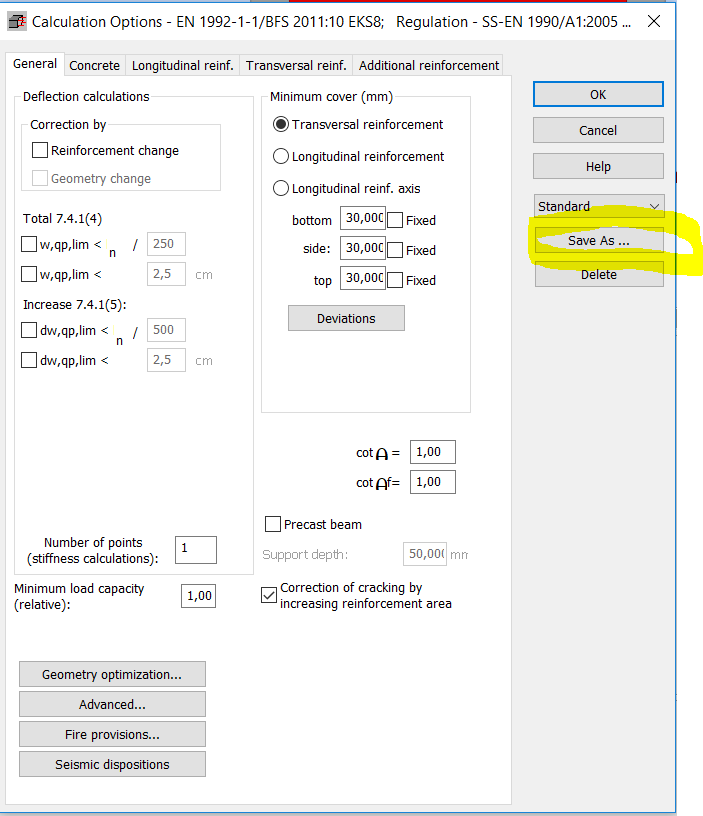 Calculation option pattern for concrete beam provided reinforcement cannot be saved in Robot ...