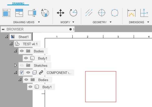 2D Drawing Displays A Red Square Instead Of The 3D Model In Fusion 360