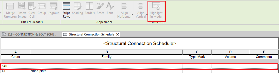 Structural connection schedule displays blank row and cannot use ...