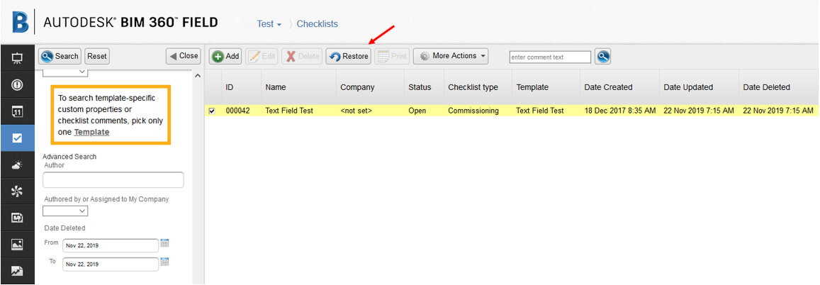 Restoring deleted checklists in BIM 360 Field