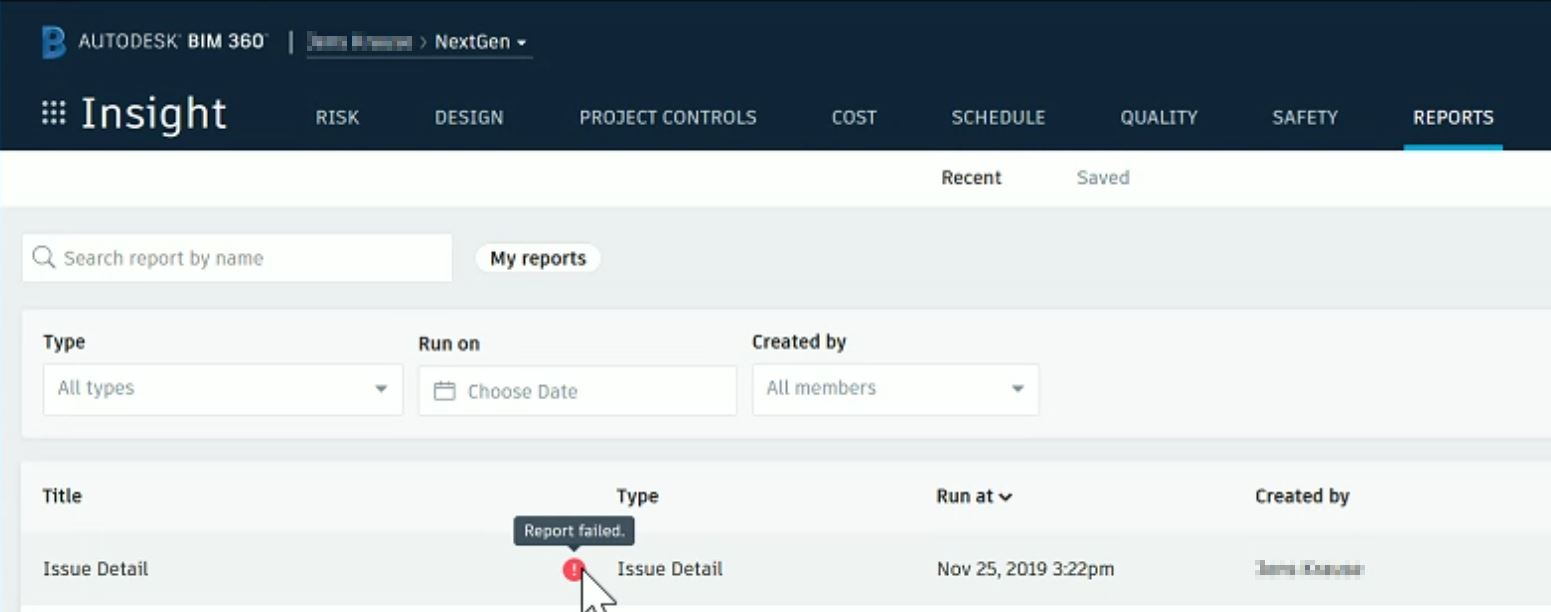 "Report failed" when trying to create an Issue report in BIM 360 Insight