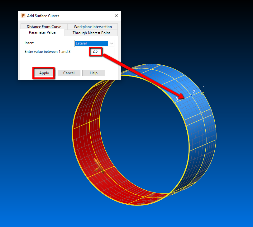 How to add extra internal curves into a selected surface in PowerShape.