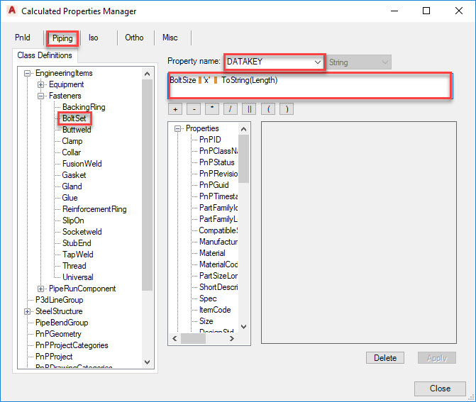 在 AutoCAD Plant 3D 中，根据螺栓尺寸和长度配置螺栓项目代码