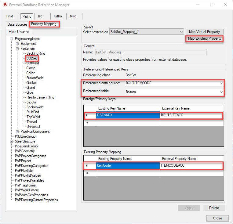 Configure bolt item code based on bolt size and length in AutoCAD Plant 3D