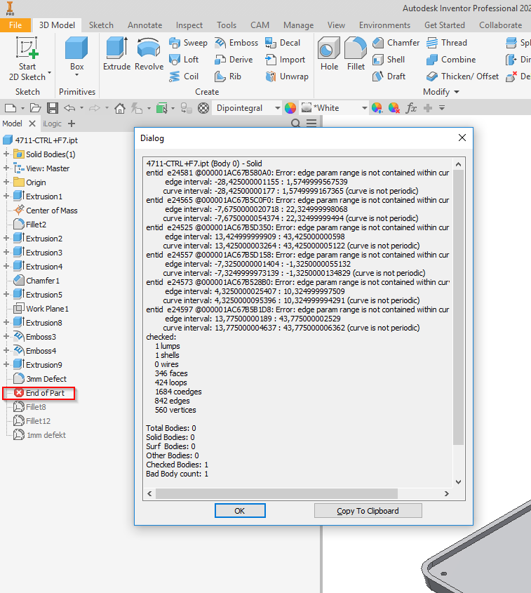 How to utilize the CTRL + F7 in Inventor to find bad bodies