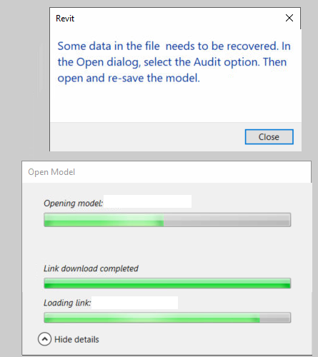 "Some data in the file needs to be recovered. In the Open dialog, select the Audit option." when ...