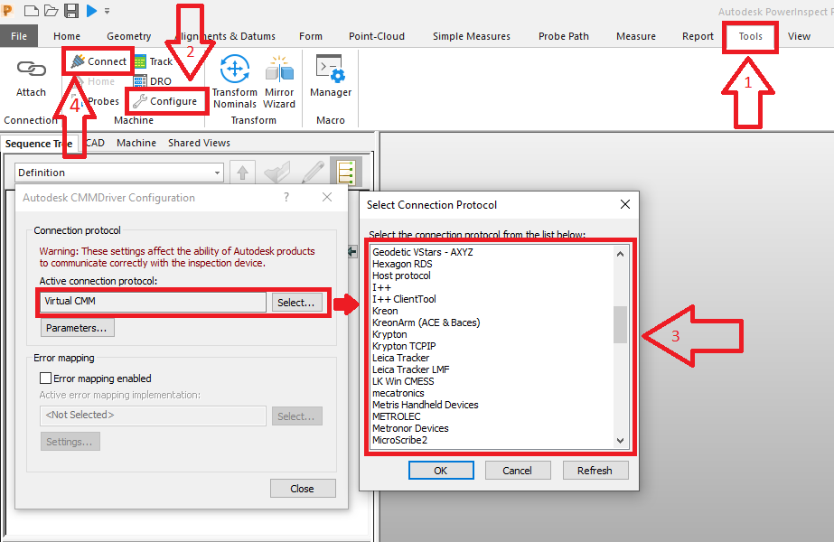 How to connect manual devices/ Arm and CMMs with the right protocol in PowerInspect