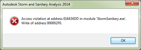 "Access violation at address..." when opening a file in Storm and Sanitary Analysis for Civil 3D