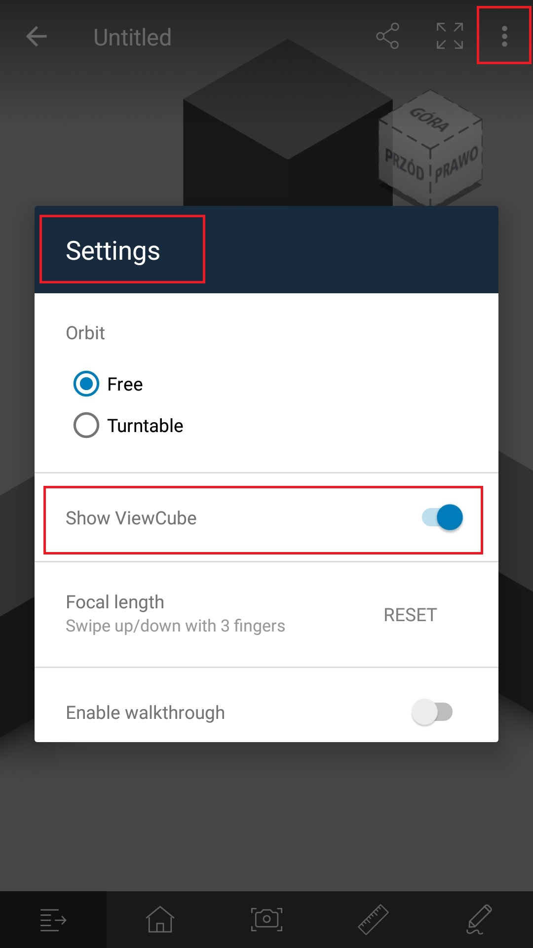 Fusion 360 모바일 응용프로그램에서 모형을 볼 때 ViewCube를 비활성화하는 방법