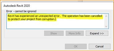 "Revit has experienced an unexpected error. The operation has been ...