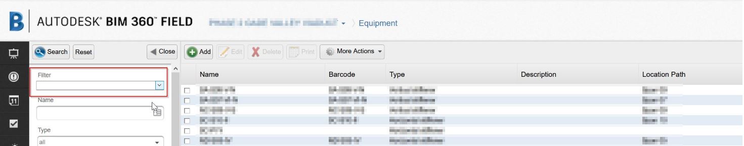 "All Equipment" cannot be synced to BIM 360 Field mobile app