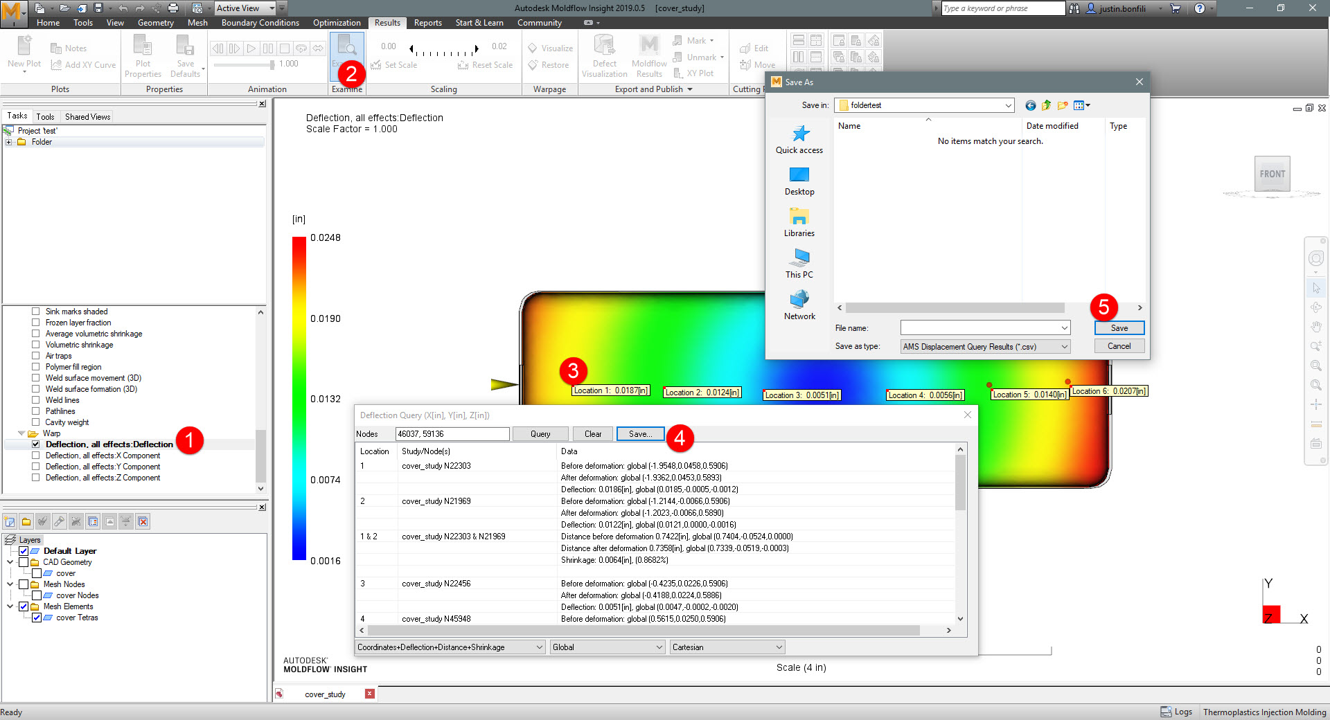 How to export deflection information of specific nodes to Excel in Moldflow