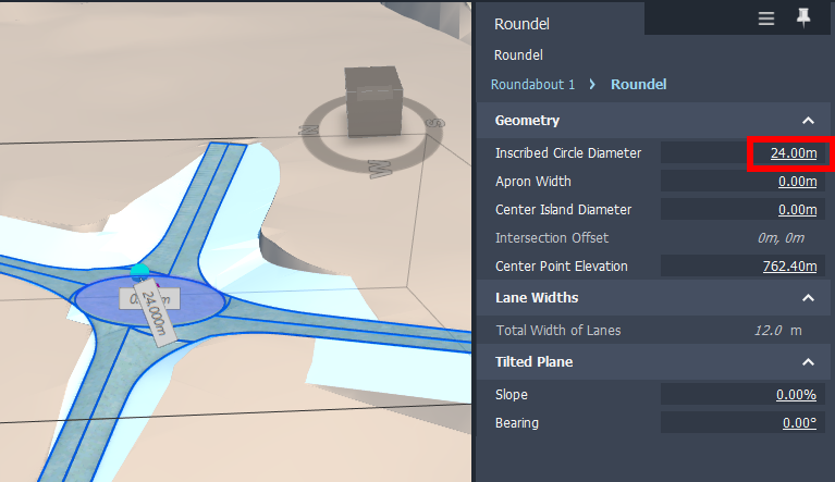 Roundabout Inscribed Circle Diameter cannot be changed to smaller ...