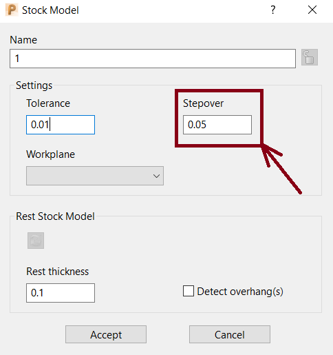 "Cannot produce toolpath, Stock Model Stepover is >= Tool Diameter" in Model rest area clearance ...