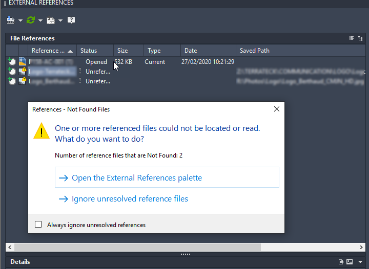 Cannot check-in drawing (.dwg) file to Vault because of missing references
