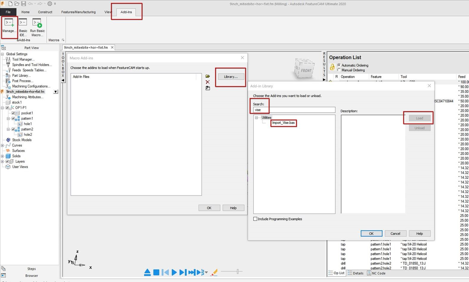 How to load the Vice addin in FeatureCAM