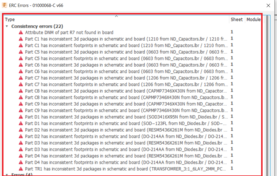 "Part [...] has inconsistent footprints in schematic and board [...]" when doing an ERC check in ...