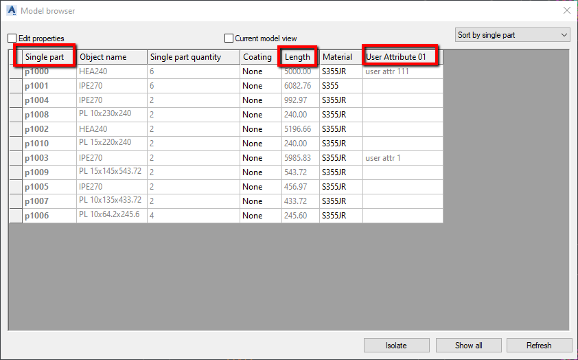 Sorting inside the Model Browser does not work for all property columns ...