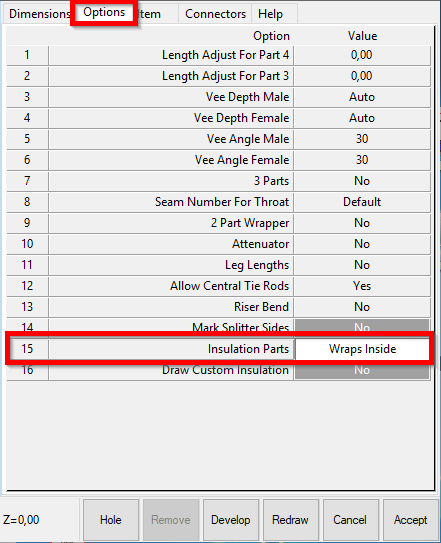 Insulation parts size calculated for the Double Wall in CAMduct