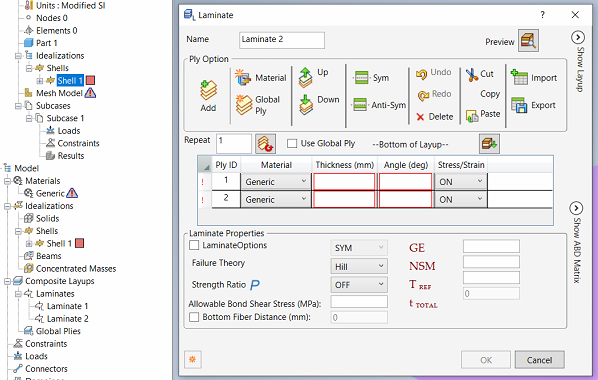 La entrada de grosor y ángulo está vacía en el laminado de vaciado ...
