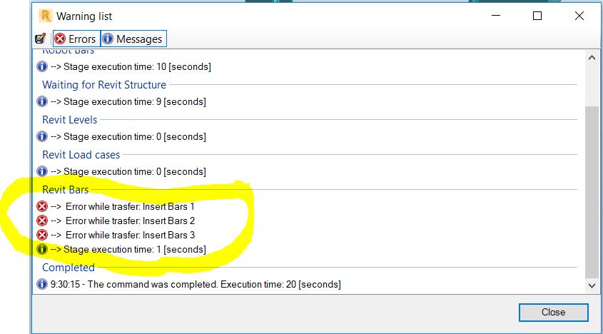 "Error while transfer InsertBars" while steel model transfer from Robot Structural Analysis to Revit
