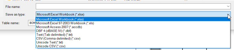 BOM export is missing the ability to export *.accdb and *.dbf ...