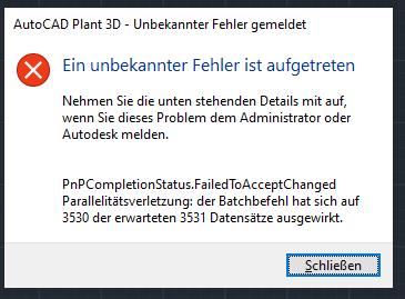 核查 AutoCAD Plant 3D 项目时显示“PnPCompletionStatus.FailedToAcceptChanged”