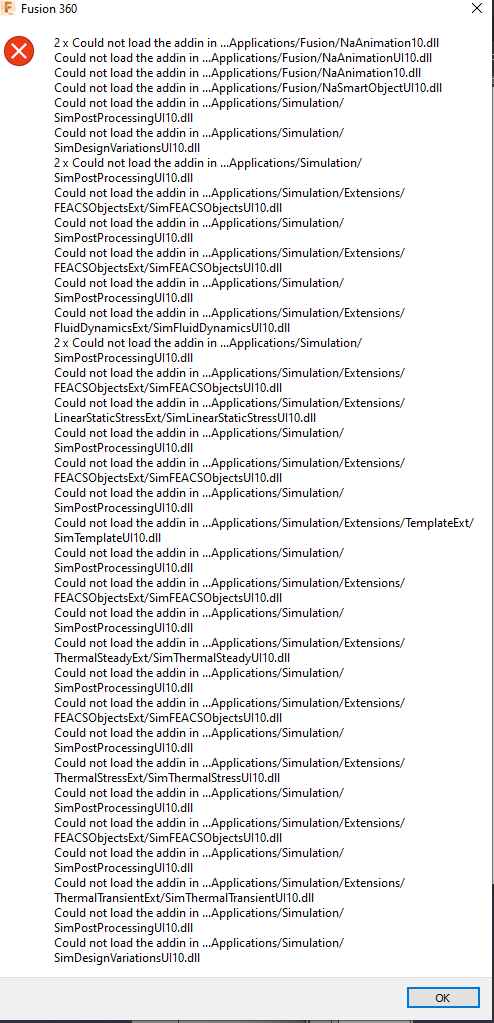 "2 x Could not load the addin in ..." when launching Fusion