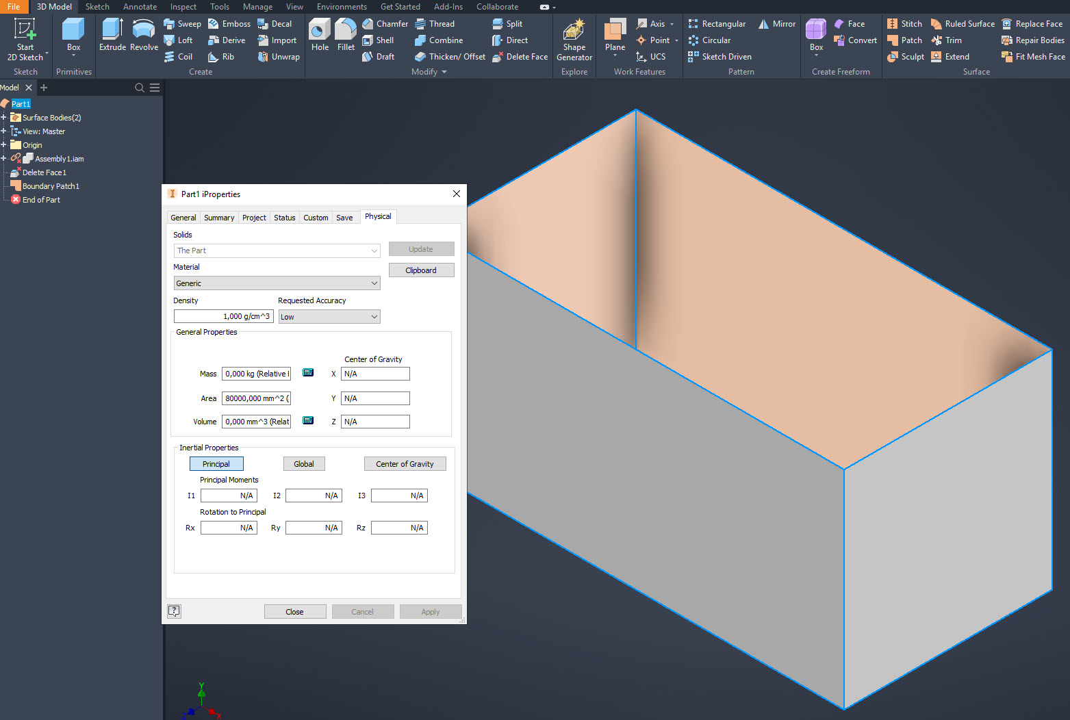 Inventor derived assembly as surface has full mass property