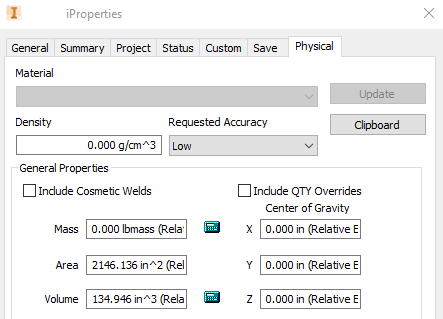 Inventor Frame Generator assembly has a mass and density of zero