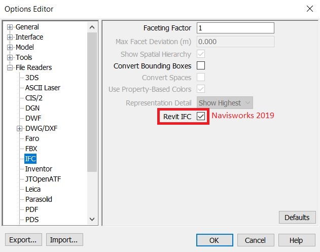 How to disable the "Revit IFC" feature in the IFC File reader options in Navisworks 2021 and 2022