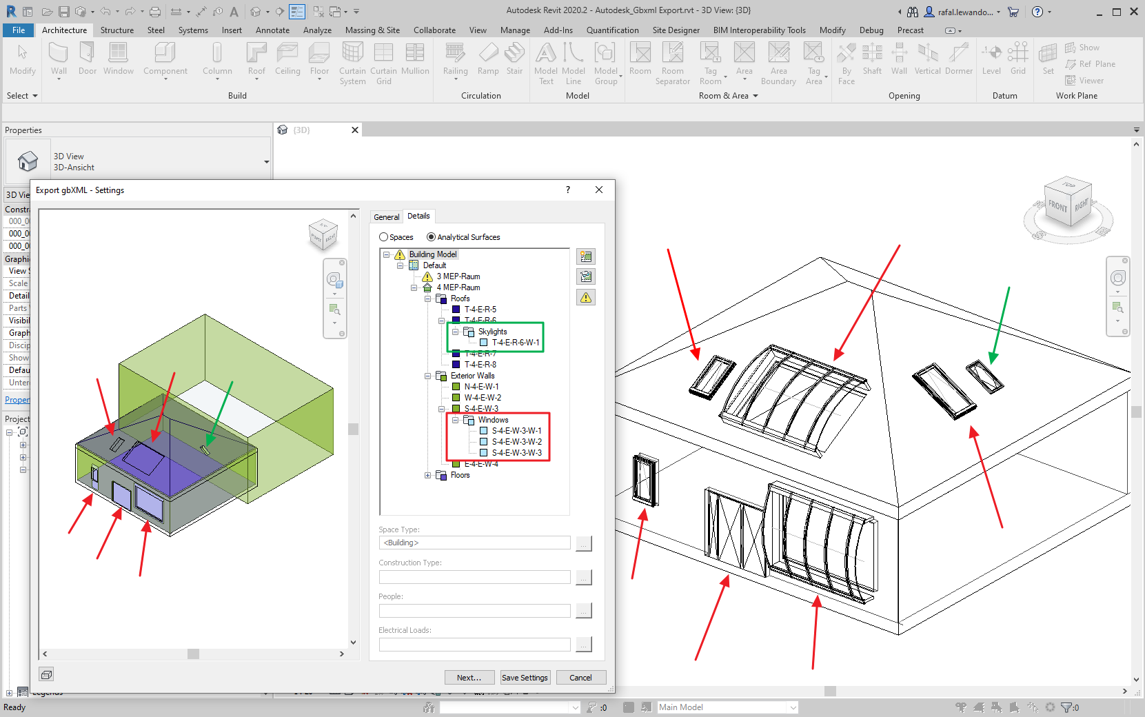 导出为gbXML时，在Revit的“分析表面”中不会检测到没有屋顶作为主体的天窗