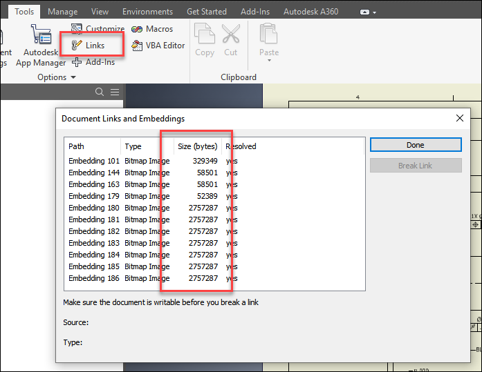 When opening an Inventor DWG drawing file, a very large TMP file is created