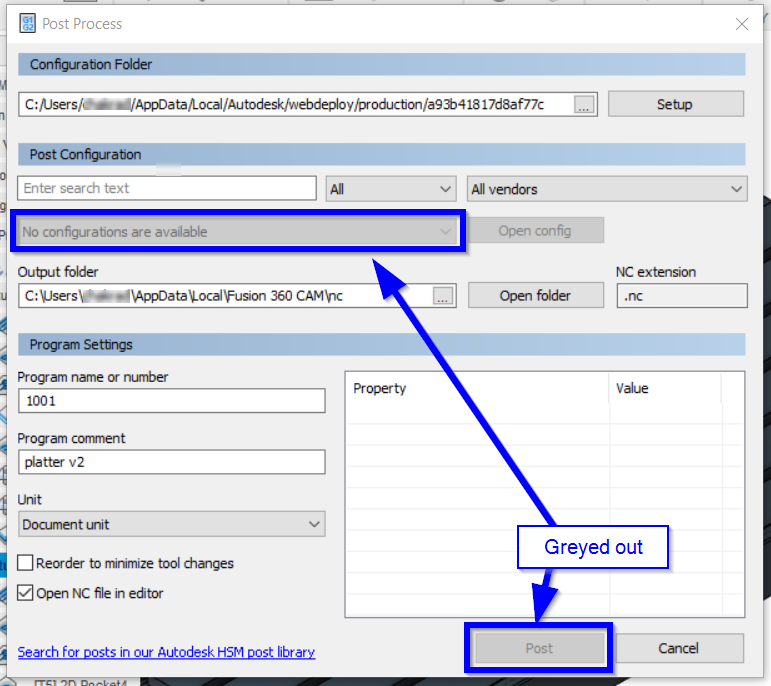 Post process not working in Fusion 360, the Post button is greyed out after a software update