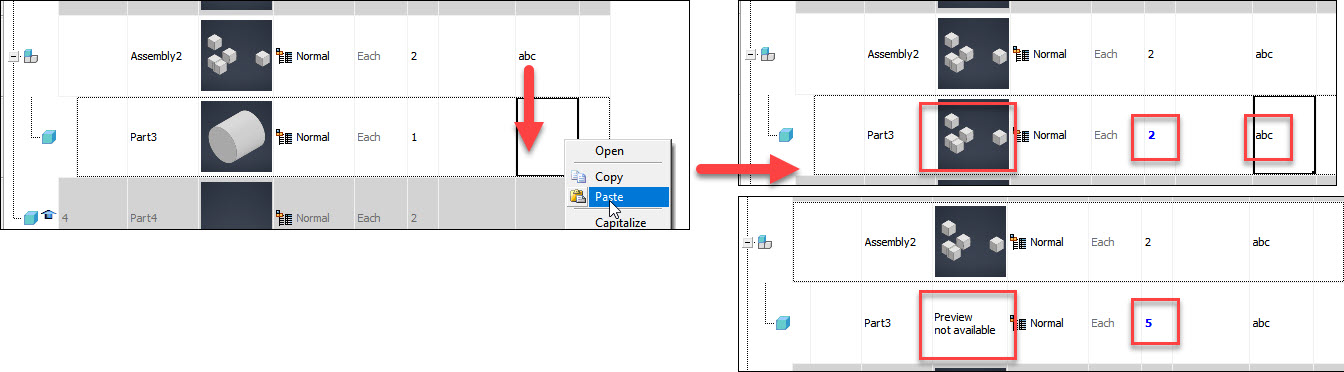 Copying and pasting a value in Parts Only BOM corrupts part QTY and thumbnail in Inventor 2021