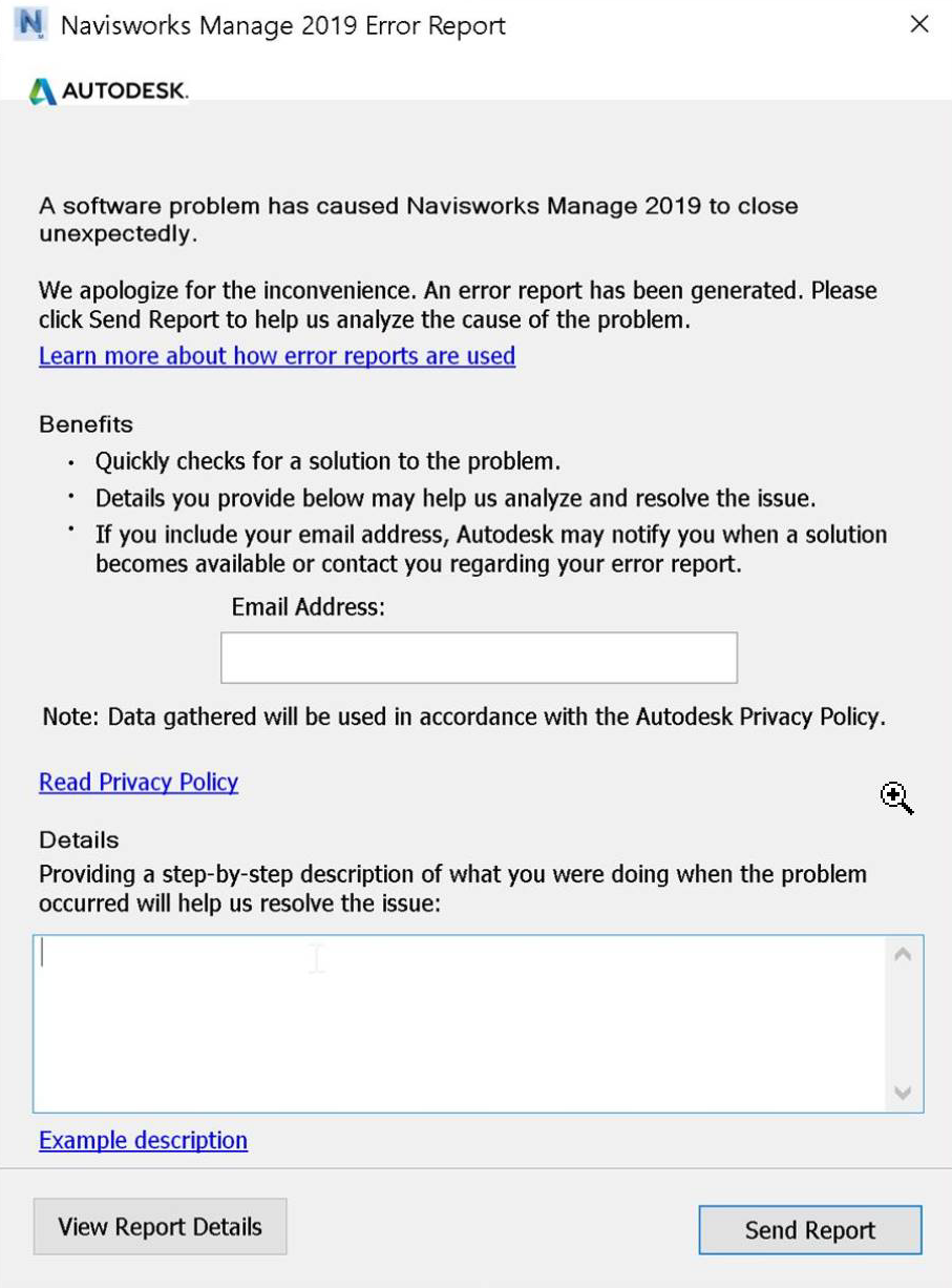Navisworks crashes on startup and shows an Error Report dialog