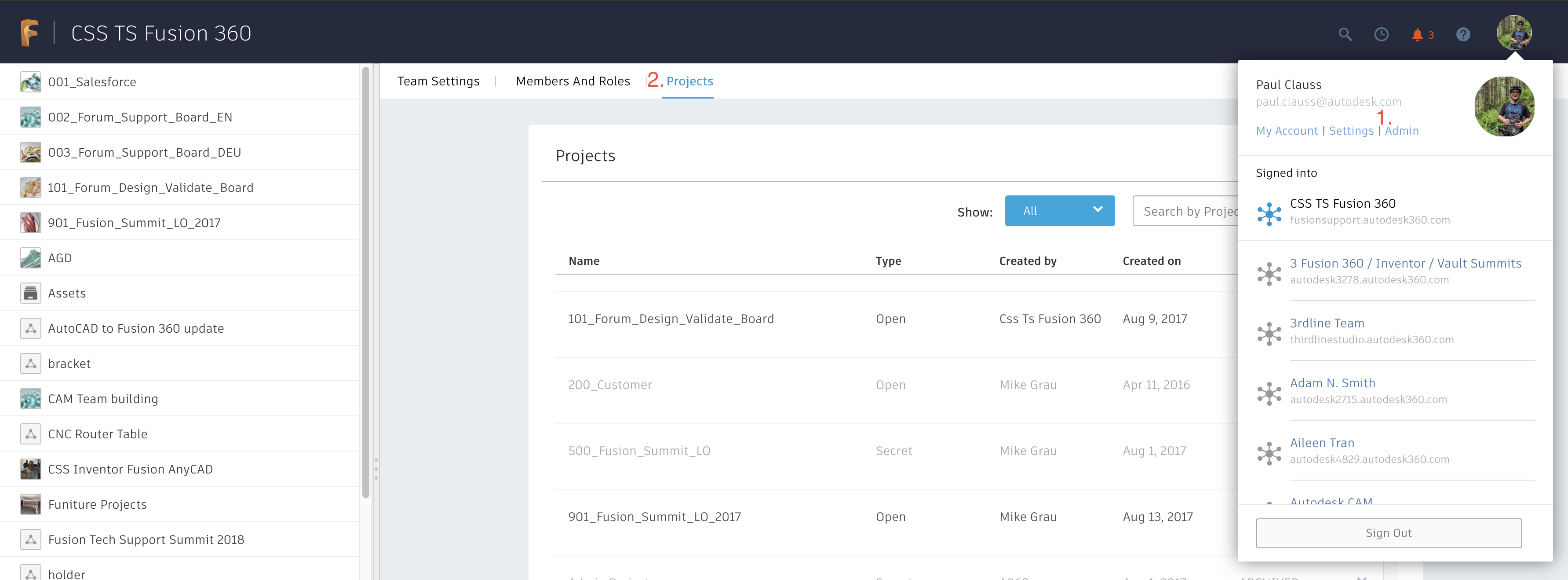 How to access closed and secret projects as a Team Admin in Fusion 360