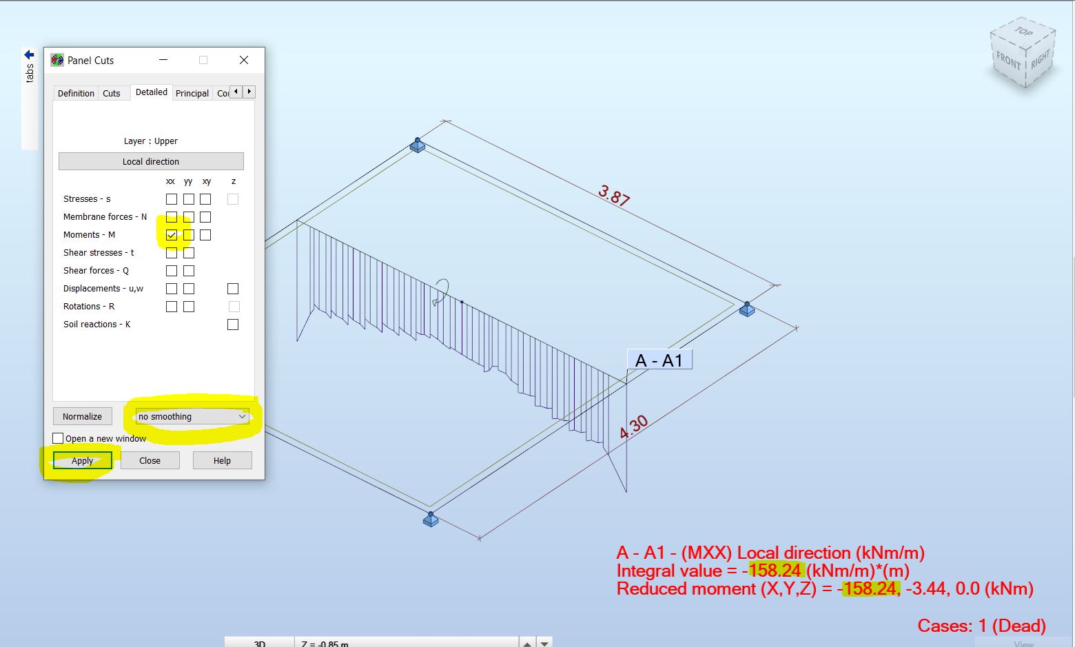 Robot Structural Analysis中板切割的积分弯矩和折减弯矩或折减力的不同值