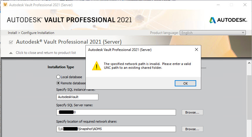 path is invalid....valid UNC path..." installing Vault Server