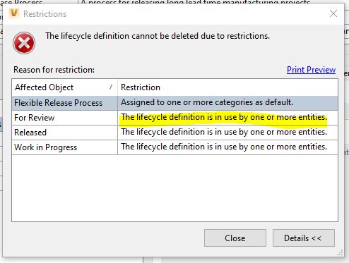 "The lifecycle definition cannot be deleted...is in use by one or more ...
