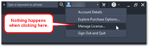 License Manager does not pop up when clicking "Manage License ...