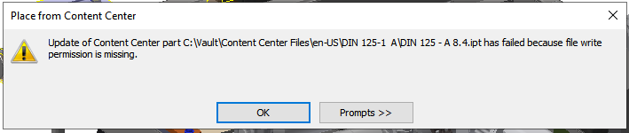 "Update...failed...write permission is missing" when placing Vault Content Center files into ...
