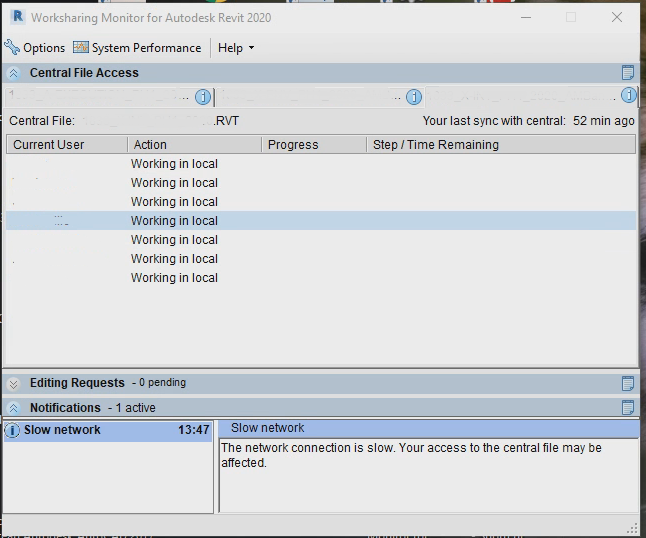 RevitのWorksharing Monitorに「ネットワーク接続が遅い」というメッセージが表示される