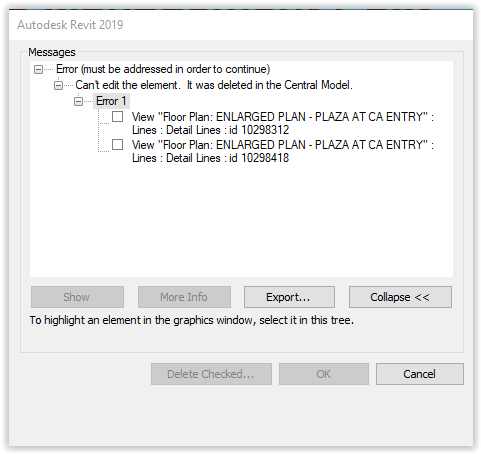 "Can't edit the element. It was deleted in the Central Model" when ...