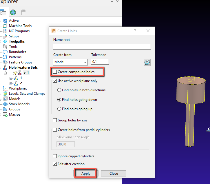 La creazione di un insieme feature di foro c/b crea solo uno dei due fori in PowerMILL