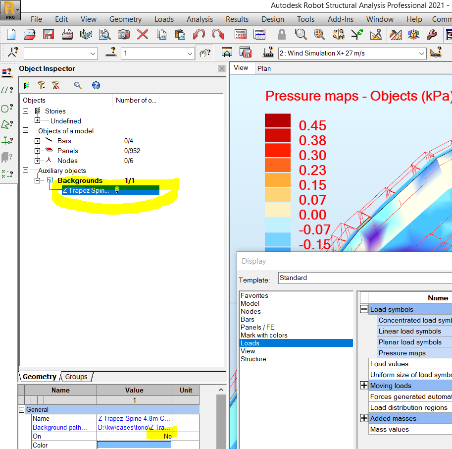 Pressure maps generated by wind simulation not visible in Robot Structural Analysis