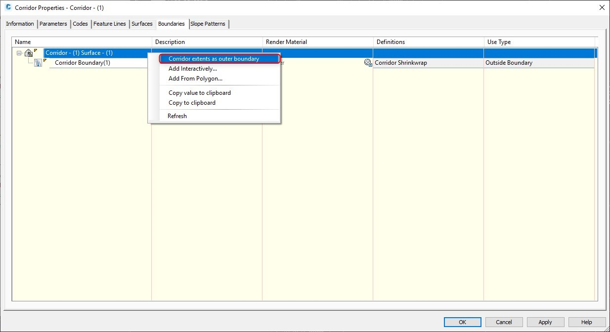 Corridor surface does not match with the corridor on the outside boundary in Civil 3D