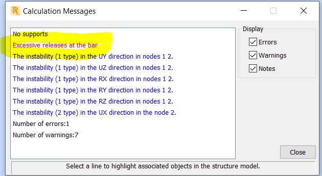 "Excessive releases at the bar" message while model analysis in Robot Structural Analysis